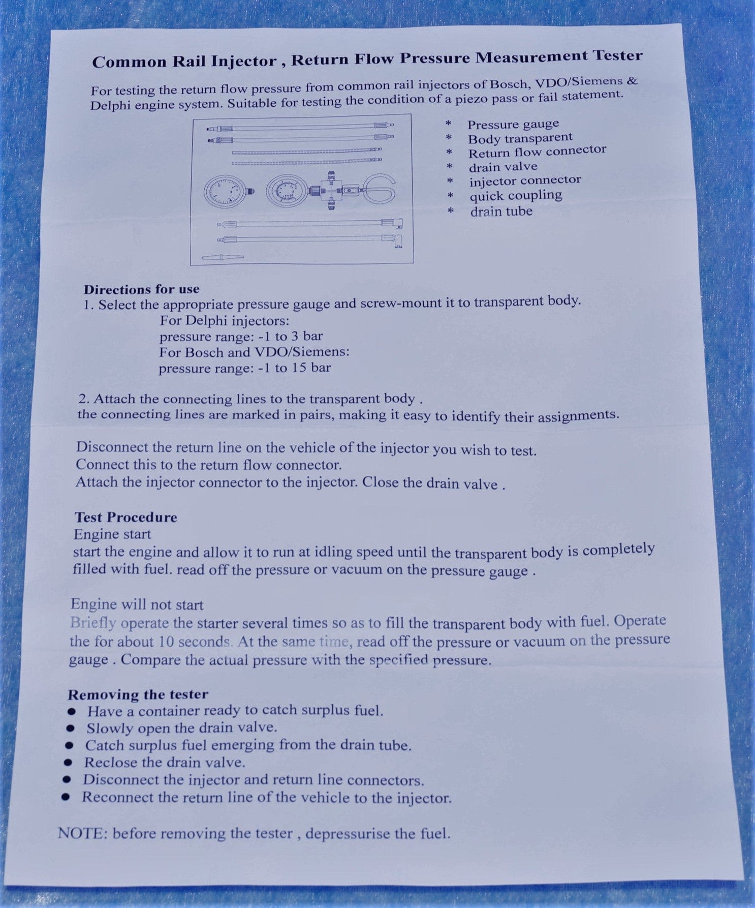 Injector Return Pressure Tool for Diesel CR Inj Piezo Denso Bosch Delp ...